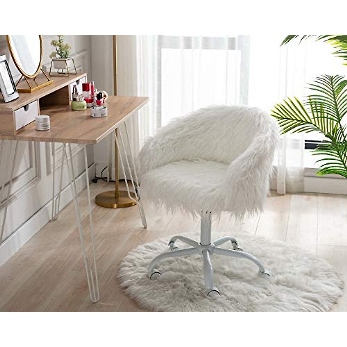 Cute Fluffy Desk Chair Rolling Vanity Chair with Back Faux Fur Home Office Chair with Wheels Adjustable Height Armchair for Teens Adults Study Room Bedroom, White