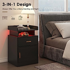 Tcpuolr Nightstand with Charging Station & Cabinet Storage, Led Night Stand with Drawer & Open Shelf, Bedside Table with Top Baffle, End Table for Bedroom, Living Room, Black