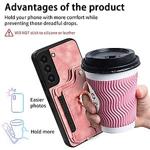 Phone Case for Samsung Galaxy S22 Plus S22+ 5G Wallet Cover with Screen Protector and Wrist Strap Lanyard RFID Credit Card Holder Ring Stand Cell Accessories S22+5G S22plus 22S + S 22 22+ Women Pink