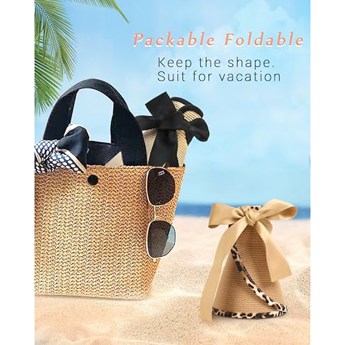 Camptrace Sun Visors for Women Wide Brim Beach Hat UPF 50+ Foldable Straw Visor Hat Ponytail Summer Packable Beige