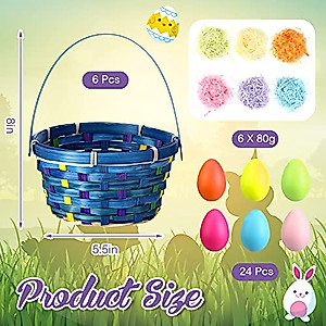6 Pcs Easter Bamboo Basket with 24 Pcs Plastic Eggs and 480g Raffia Paper Grass, Handmade Woven Easter Basket with Handle for Egg Hunting, Picnic and Party Favors
