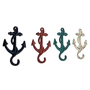 Rustic Cast Iron Anchors with Rope Wall Hooks, Assorted Colors, Beach Themed Décor, Set of 4, 6 Inches