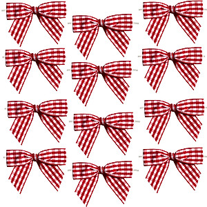 Red & White Gingham Pre-Tied Bows - 3" Wide, Set of 12, Buffalo Check, Plaid Gift Basket Decor, Wedding Embellishments, Party Favors, Birthday, Fall, Christmas, Valentine's Day