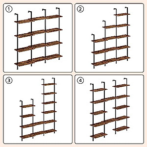 HOOBRO DIY Ladder Shelf, 6-Tier Wooden Wall Mounted Bookshelf, Narrow Bookcase, Display Shelf, Storage Rack, Plant Stand, for Living Room, Bedroom, Study, Balcony, Rustic Brown and Black BF651CJ01