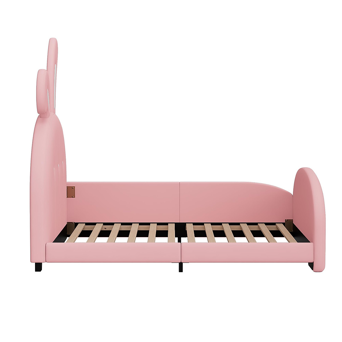Bellemave Twin Size Upholstered Platform Bed with Bunny-Shaped Headboard, Pink Princess Bed for Girls, Low Daybed Frame with Side Rail for Kids Teens, Faux Leather