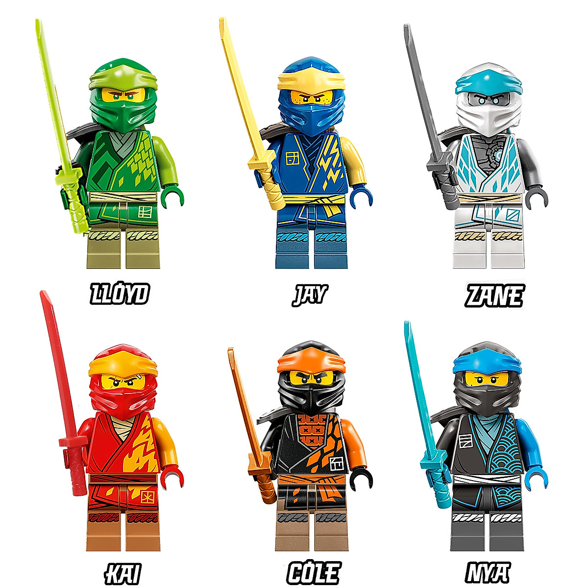 LEGO NINJAGO Core Minifigure Combo Pack - Lloyd, Jay, Kai, Cole, Zane, NYA (with Weapons)
