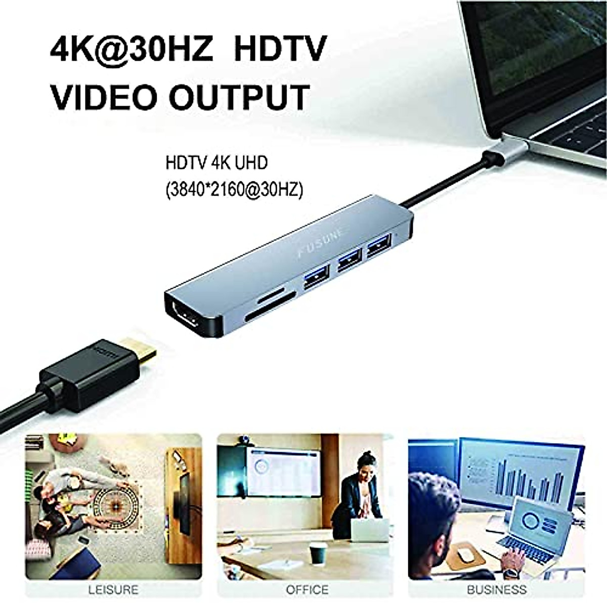 USBC HUB to 4K HDMI Adapter USB Type C Dock with 4K HDTV Output FUSUNE USB C HUB Docking Station with USB3.0 X 1 2.0 X 2 Port SD/TF Reader Slot for Samsung MacBook iPad pro Chromebook HP XPS ipad 4k