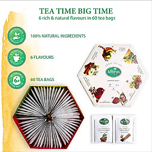 ACORUS Summer Taste Fruit Tea Set | Natural Assorted Tea Hamper Box Gift Set | Large Selection Box 60 Tea Bags | Tea Gift Sets | 6 Fruit and Berry Tea Flavour Sampler