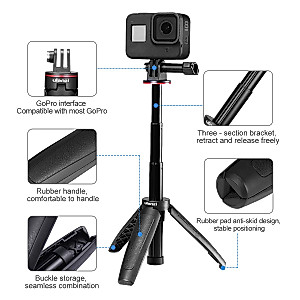 ULANZI Extendable Selfie Stick for Gopro | 2 in 1 Mini Tripod Stand for Gopro Hero 10/9/8/7/6/5 | Portable Handle Vlog Tripod for All Action Cameras