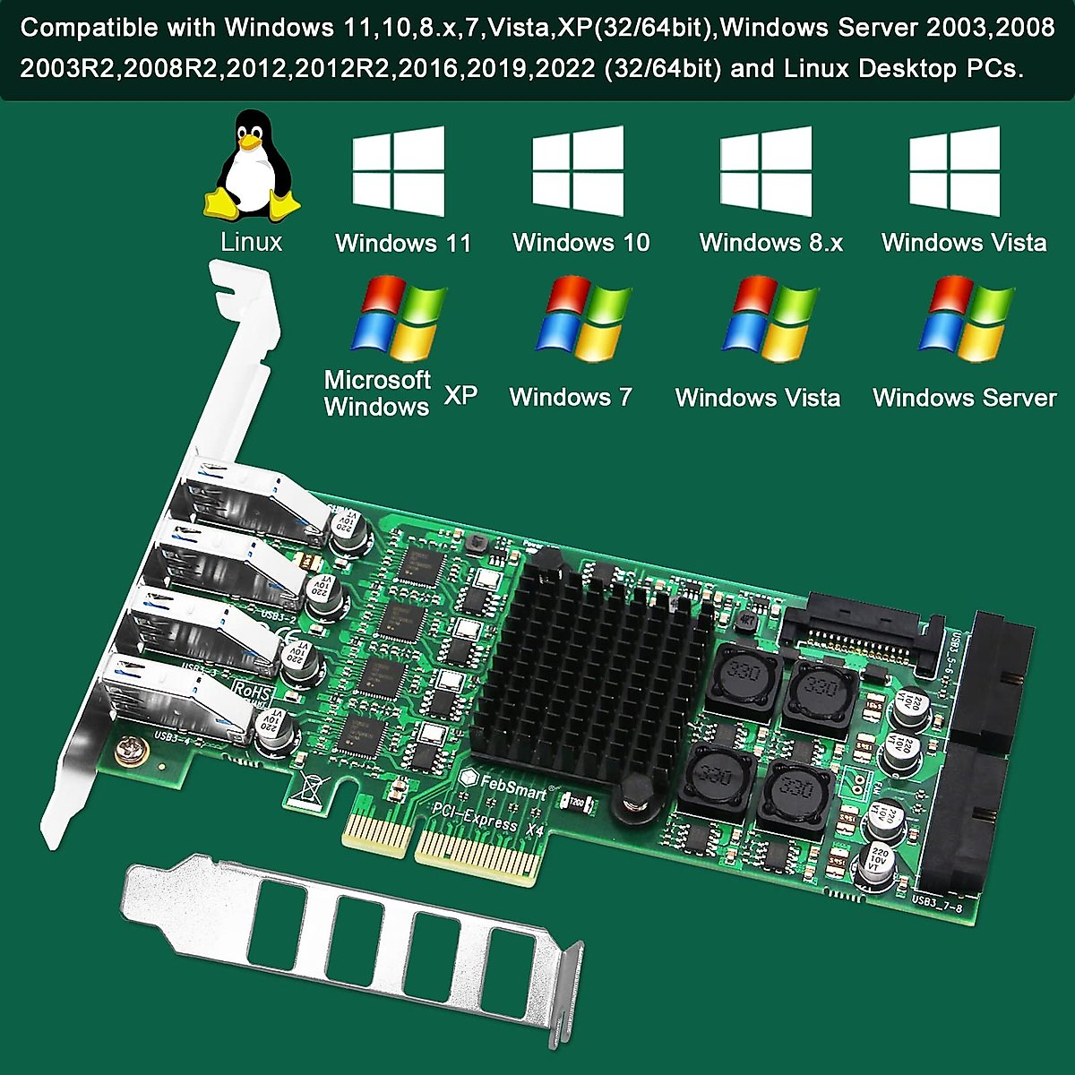 FebSmart 8-Ports PCIE Superspeed 5Gbps USB 3.0 Card for Windows and Linux Desktop PCs, 4X Dedicated 5Gbps USB 3.0 Channel 20Gbps Bandwidth, Built in FebSmart Self-Powered Technology (FS-4C-U8S-Pro)