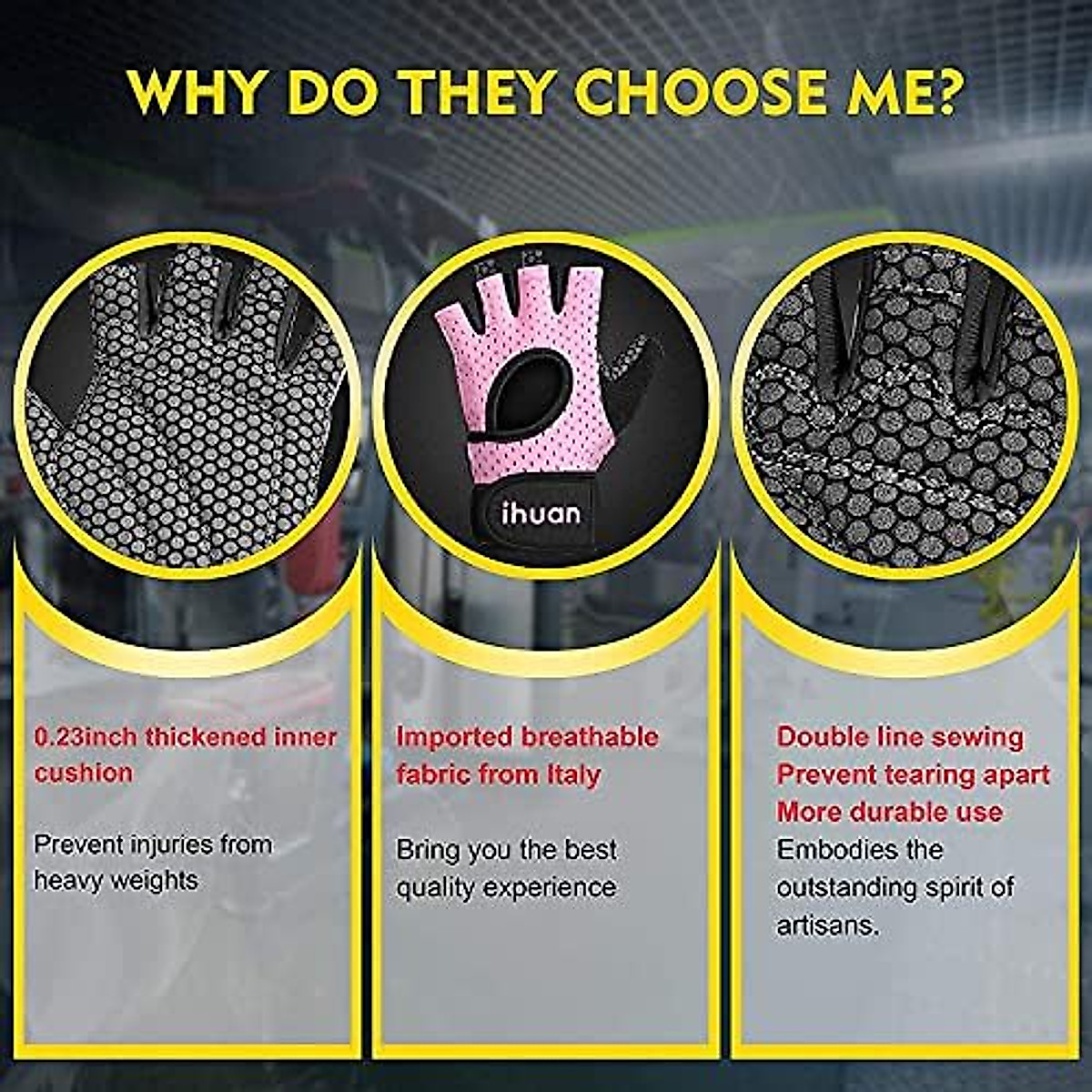 ihuan Breathable Weight Lifting Gloves: Fingerless Workout Gym Gloves Wrist Support Palm Protection Extra Grip for Fitness Rowing Pull-ups