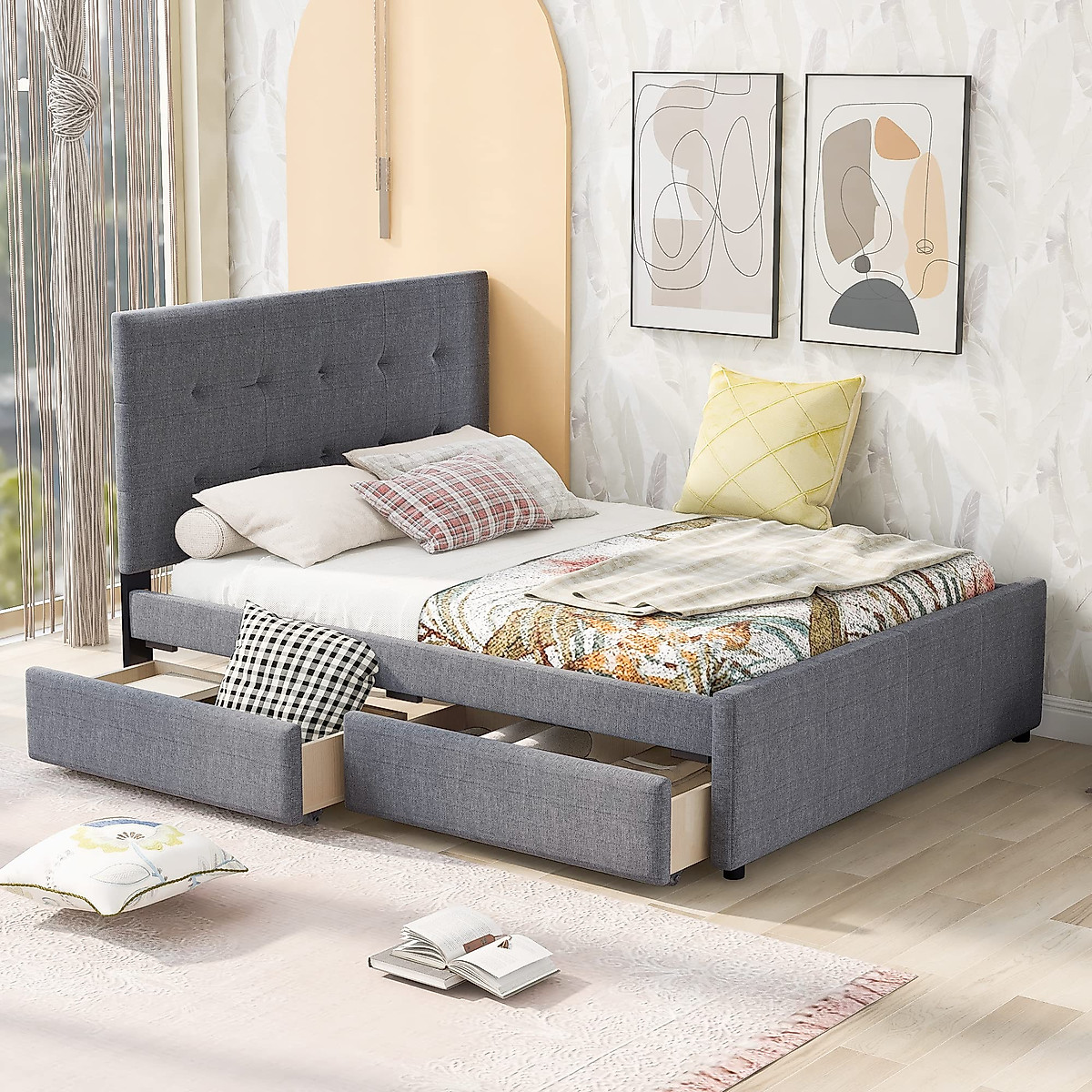 RUNWON Queen Size Linen Upholstered Platform Bed Frame with Headboard and Two Drawers for Bedroom, Grey
