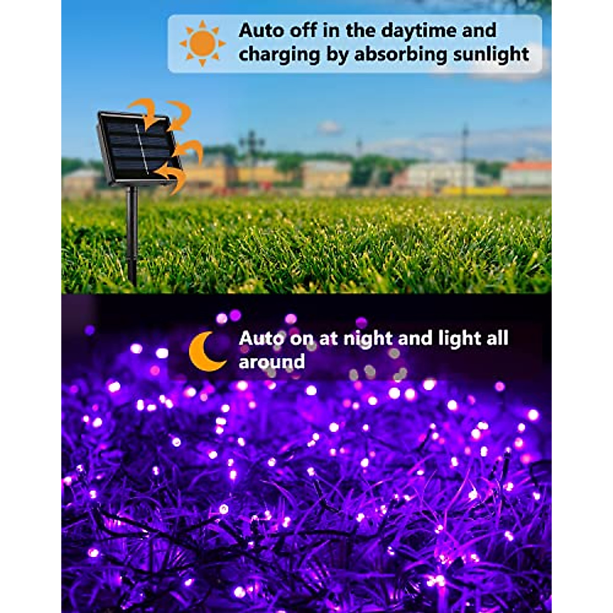 Flacchi Purple Solar Halloween Lights 72ft 200 LED 8 Modes Waterproof Solar String Lights for Garden,Patio,Fence,Balcony,Outdoor,Holiday Decoration
