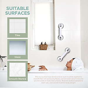 (2 Pack) Shower Handle 12 inch Grab Bars for Bathtubs and Showers Suction Bar Handles Handicap Elderly Seniors Safety Bathroom Bath Grip - Balance Assist ONLY for Tiles Glass & Hard Plastic