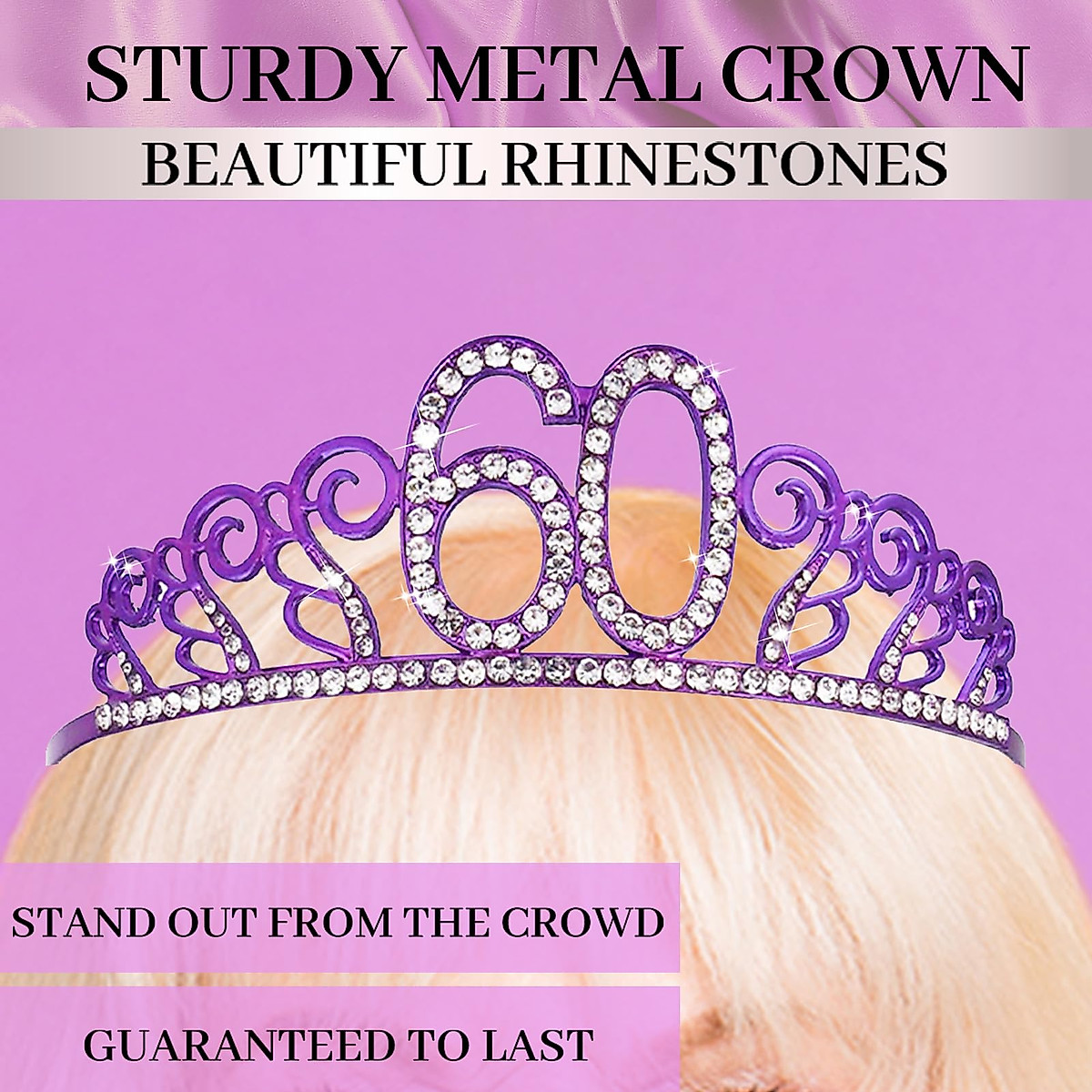 Crenics Purple 60th Birthday Decorations for Women 1964 - Back in 1964 Birthday Backdrop Banner, 60th Birthday Sash and Tiara, Tablecloth and Cake Topper for 60 Years Old Birthday Party Supplies