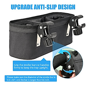 Three Colors Universal Stroller Tray, Stroller Cup Holder, Stroller Snack Tray, Stroller Accessories with Deeper Insulated Cup Holder, Upgraded Alligator Clamp Grip Firmly Stroller Bar, Black