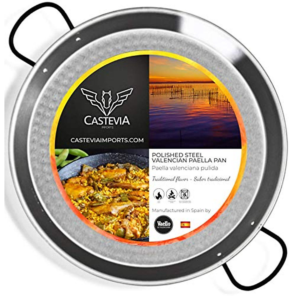Castevia 24-Inch Polished Steel Paella Pan, 60cm / 20 Servings