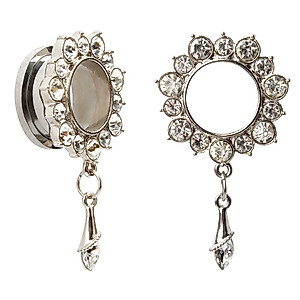 KUBOOZ Gemmed Flower Drop Eyelets Gold Plated Stainless Steel Flare Screw Back Ear Tunnels Plugs Gauges. (Silver, 0g(8mm))