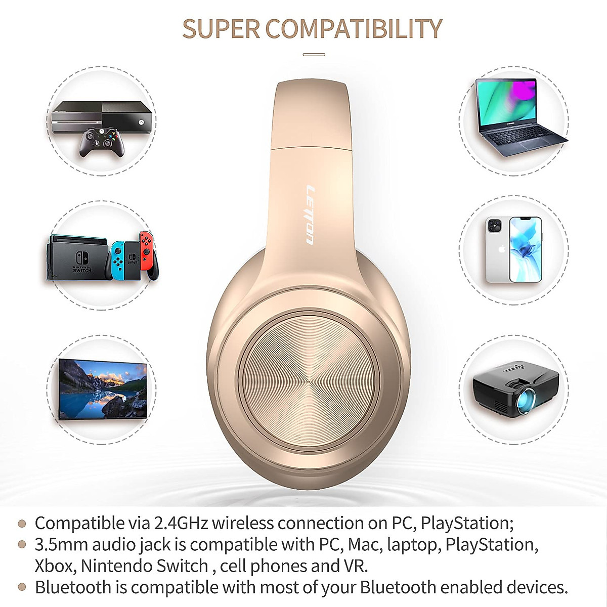 LETTON L13 Wireless Gaming Headset for PC, PS4, Nintendo Switch, Long Lasting Battery Up to 40 Hours, 7.1 Surround Sound, Memory Foam, Detachable Noise Cancelling Microphone with(White Gold)