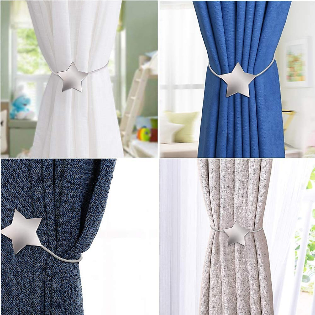 Sorfia Magnetic Curtain Tiebacks Clips Decorative Rope Holdbacks, 2 Pack Star Drapery Tie Backs Weave Holder for Window Draperies Bedroom Home Décor