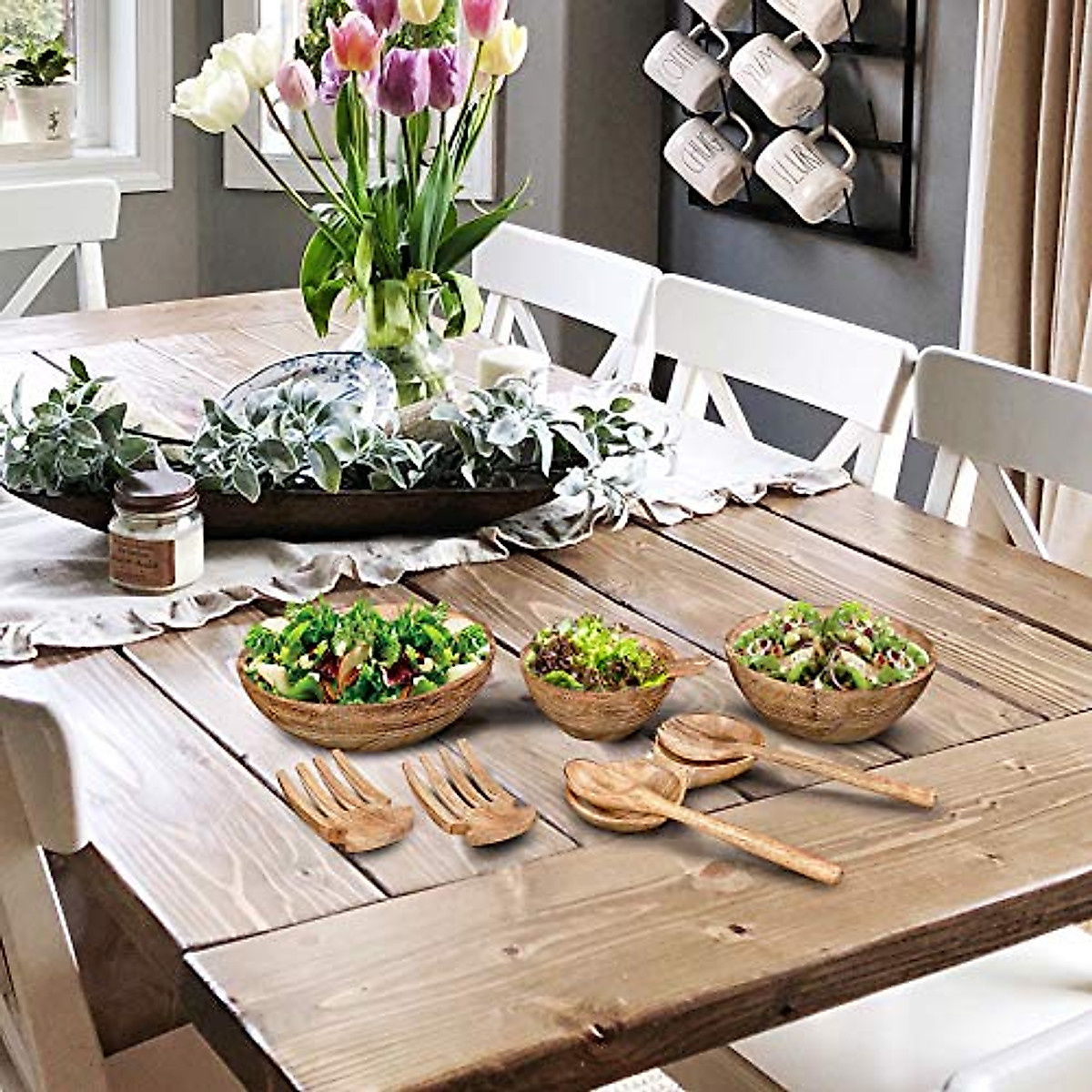 Winlay Wooden Serving Bowls with Spoon set 3 Mango Wooden Salad Bowl along with spoons and Salad Bowls mixer kitchen bowls Popcorn bowls 3 Size 10" x 7.75" x 6" Width, Burn Brown finish