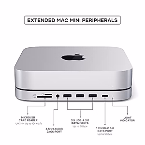 SATECHI Mac Mini Hub & Type-C Stand with SSD Enclosure – Mac Mini Stand - Fits M.2 SATA SSD, USB-C Data Port, Micro/SD Card Readers, USB-A, Headphone Jack Port – for Mac Studio, Mac Mini M1 (Silver)