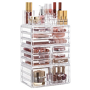 HBlife Acrylic Clear Dustproof Makeup Storage Organizer Drawers Large Skin Care Cosmetic Display Cases for Bathroom Stackable Storage Box with 12 Drawers for Vanity (Clear)