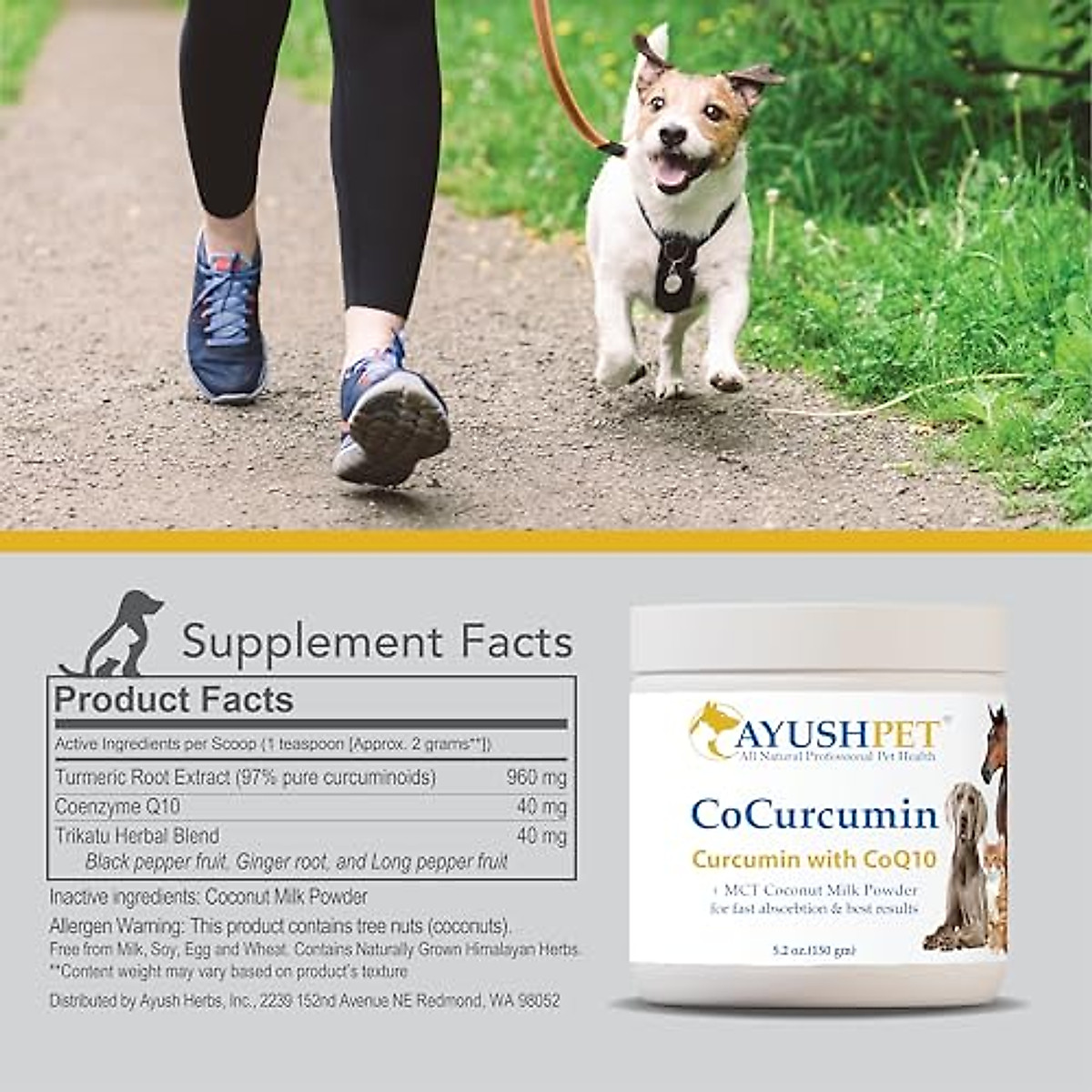 Ayush Pet CoCurcumin with Coq10, Muscle and Joint Pet Superfood Powder, Heart and Digestion Support, Small or Large Animals, Young and Senior Pet Supplement by Ayush Herbs, 5.2 Ounces