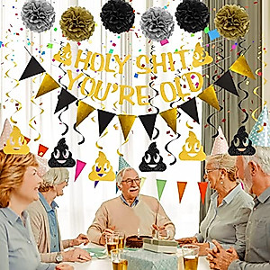 Holy Shit You're Old Banner Decorations Kit - 20Pcs - Gold Funny Adult Birthday Party Decor Sign for 30th-40th-50h-60th-70th-80th-90th Birthday - Including Holy Shit You're Old Banner, Triangle Flag, 12Pcs Swirl, 6Pcs Poms