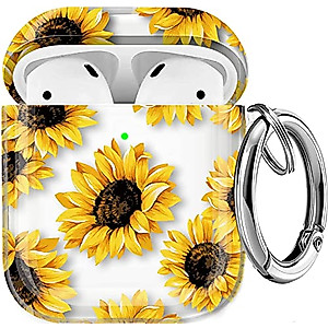 Maxjoy for AirPods Case Cover, Sunflower Floral Clear Air Pod Case for Women Girls Cute Hard Protective iPod Cover with Keychain Compatible AirPod 2nd 1st Gen Charging Case 2&1, Flower