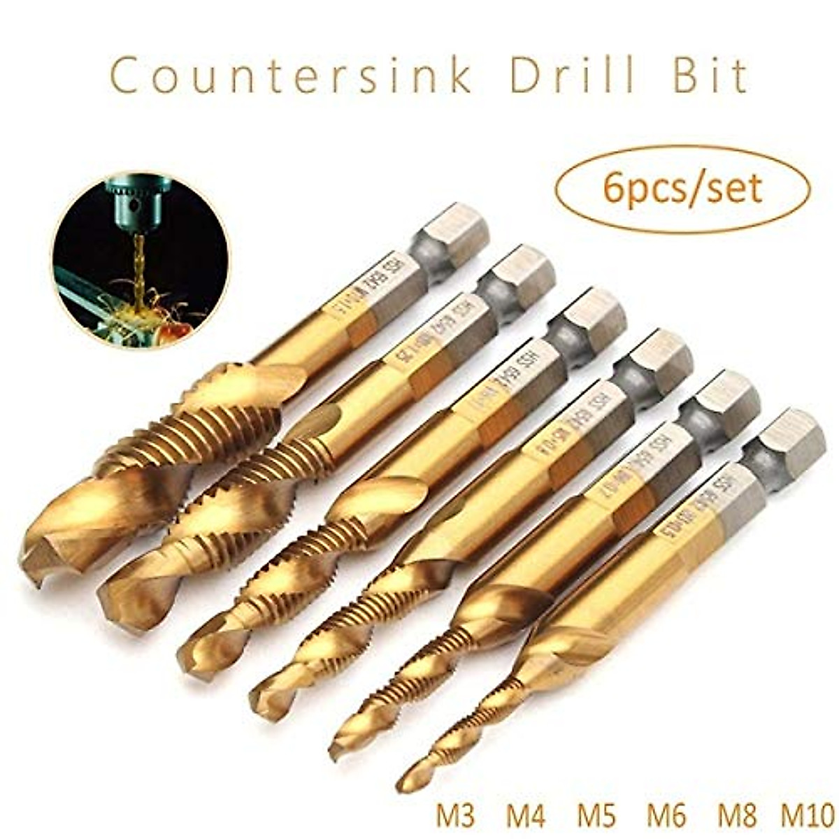 Combination Drill Tap, 6pcs 1/4" Hex Shank Metric Thread, M3-M10 Coated HSS Drill and Tap Bits Screw Taps Tool Set