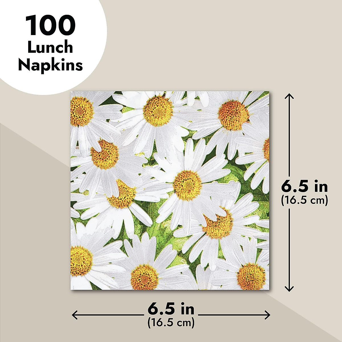 Juvale 100 Pack Decorative Daisy Floral Paper Napkins, 2-Ply, 6.5x6.5”, Napkins for Garden Bridal Shower, Tea Party, Wedding & Decorative Party Supplies