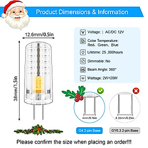 Megereet Green G4 LED Bulb 12V AC/DC 2W 20W Halogen Bulb Equivalent, G4 Bi-Pin Base Spotlight Light Lamps for RGB Landscape Holiday Christmas Decorations Halloween Lighting, 5 Packs