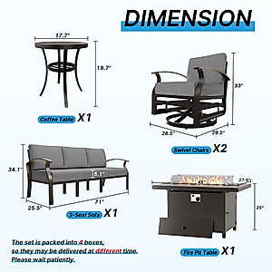 Gotland 5 Seats Outdoor Metal Patio Furniture Set with 2 Swivel Rocking Chairs&55,000 BTU Gas Fire Pit Table w/Glass Wind Guard Patio Conversation Sectional Sofa Sets-Grey