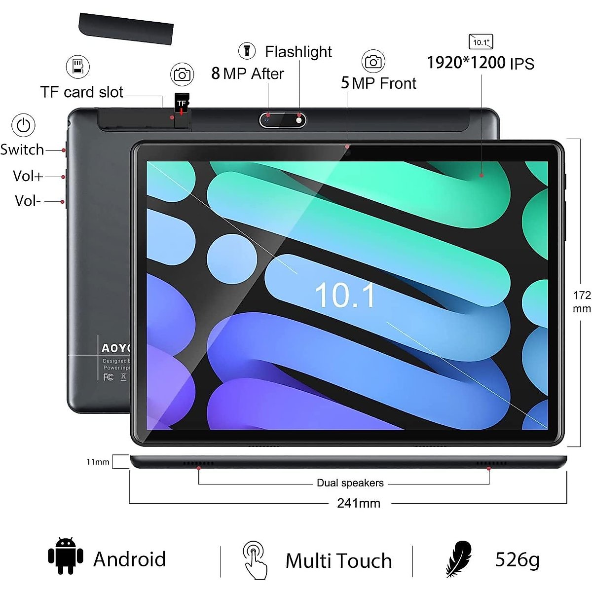 AOYODKG Tablet 2 in 1 with Keyboard, 10.1 inch Android Tablet, 8GB+64GB(1TB Expand), 2.4G+5G WiFi, Octa-Core, IPS HD Display, Dual Camera, Bluetooth, GMS Certified Tablet PC, AYO-M40 (Gray)