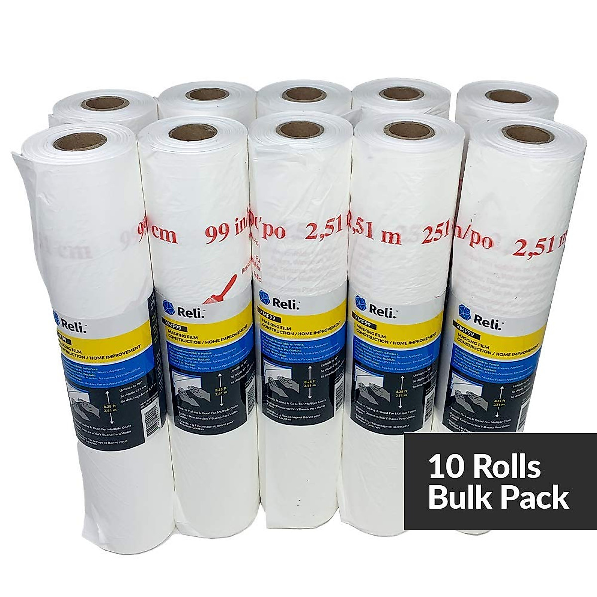 Reli. Masking Film, 10 Rolls Bulk (90' Foot x 99" Inch) - Masking Plastic Film for Painting, Automotive - Pre-Folded - Hand-Masker Film Plastic in Bulk