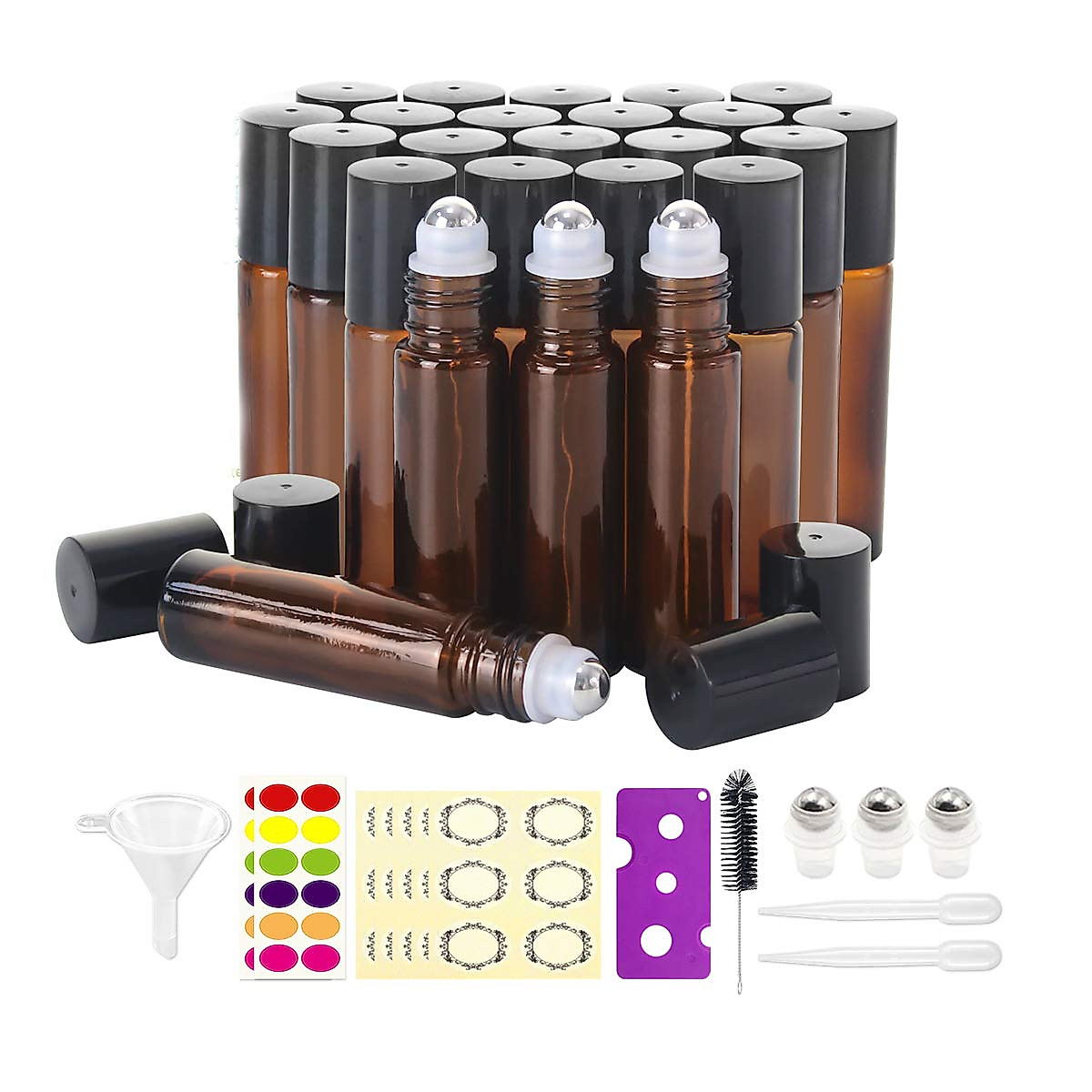 mavogel 24, 10ml Roller Bottles for Essential Oils - Amber, Glass with Stainless Steel Roller Balls (3 Extra Roller Balls, 54 Pieces Labels, Opener, Funnel, Dropper, Brush Included)