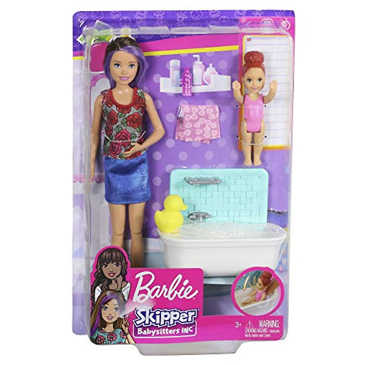 Barbie Skipper Babysitters Inc. Playset with Bathtub, Babysitting Skipper Doll and Small Toddler Doll with Button to Move Arms and Splash, Plus Themed Accessories, Gift for 3 to 7 Year Olds​​​​