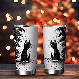 20oz Black and White Retro Vintage Cat Tumbler, Gifts for Cat Lovers, Coffee Thermos for Women, Stainless Steel Double Wall Vacuum Insulated Coffee Mug, Travel Cup with Lid
