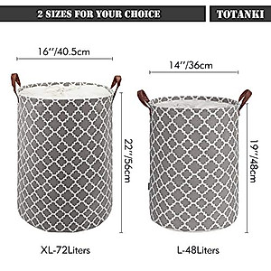 TOTANKI 48L Thickened Large Sized Laundry Basket with Durable Leather Handle, Drawstring Round Cotton Linen Collapsible Storage Basket,Dirty Clothes Hamper for Bedroom (Gray, L)