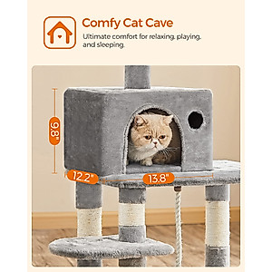 FEANDREA Cat Tree, Cat Tower for Indoor Cats, 56.3-Inch Cat Condo with Scratching Posts, Hammock, Plush Perch, Light Gray UPCT15W