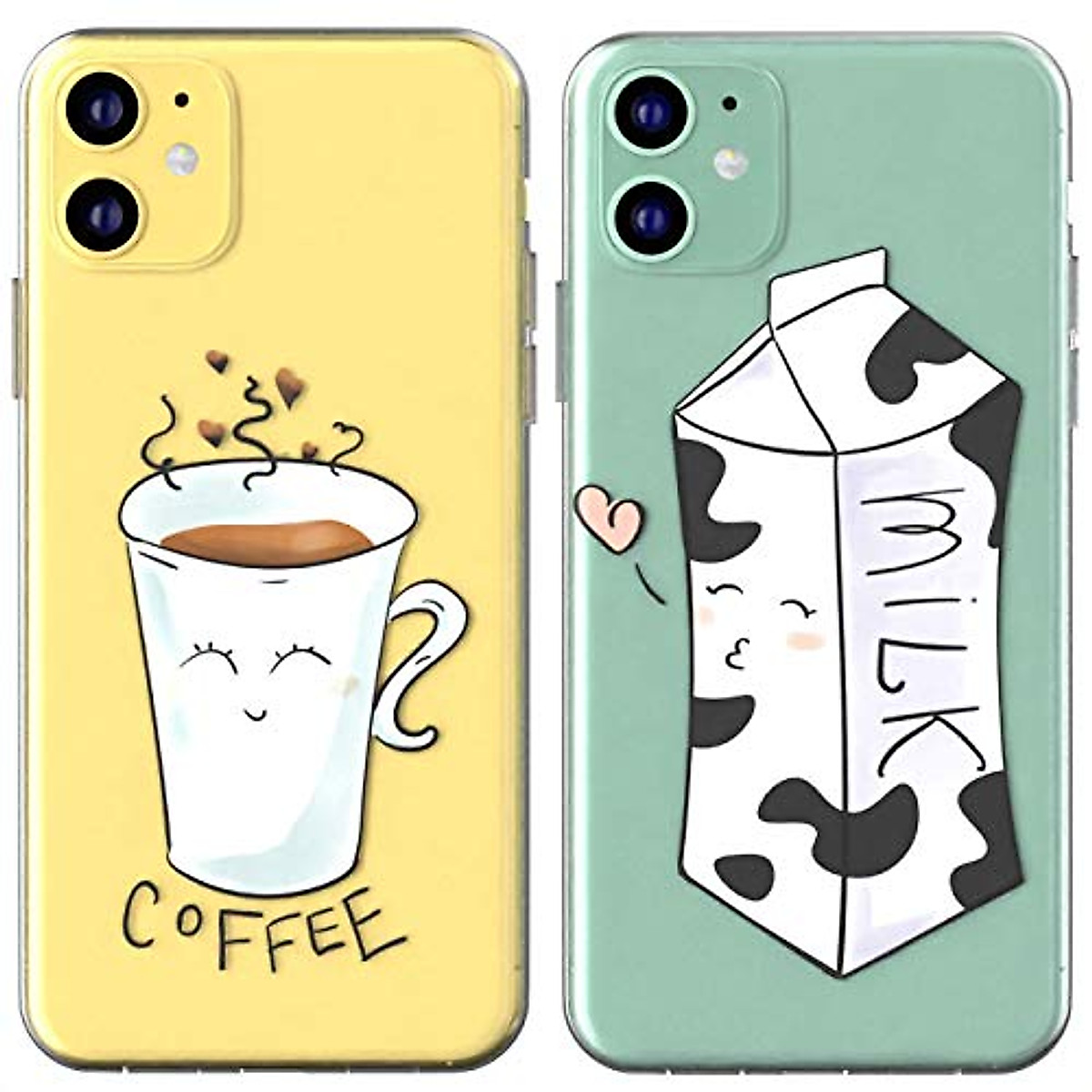 Toik Matching Couple Cases for Apple iPhone 11 Pro Xs Max Xr 10 X 8 Plus 7 6s 5s SE White Kawaii BFFs Milk Print Gift Slim Design Black Clear Lightweight TPU Boyfriend Soulmate Coffee Apple Cute