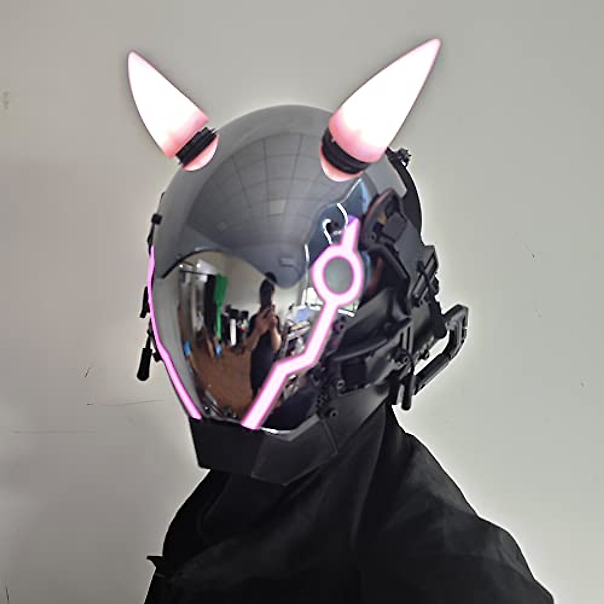 KYEDAY Punk Mask for Men, LED Ox horn Mask,Futuristic Punk Techwear, Cosplay Halloween Fit Party Music Festival Accessories (pink)