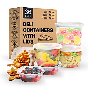 Deli Containers with Lids - Food Storage Containers - Clear Freezer Containers | 36-Pack BPA Free Plastic 8, 16, 32 oz | Cup Pint Quart set | Great for Soup, Meal Prep, Portion Control, Slime and More