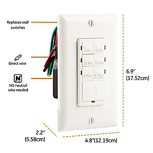 GE Push-Button Countdown Timer Switch, 5-15-30 Minute/1-2-4 Hour, ON/Off, No Neutral Wire Needed, Ideal for Lights, Exhaust Fans, Heaters, Wall Plate Included, 15318 , White