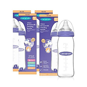 Lansinoh Glass Baby Bottles for Breastfeeding Babies, Includes 4 Medium Flow Nipples (Size 3M), 8 Ounce (Pack of 4)