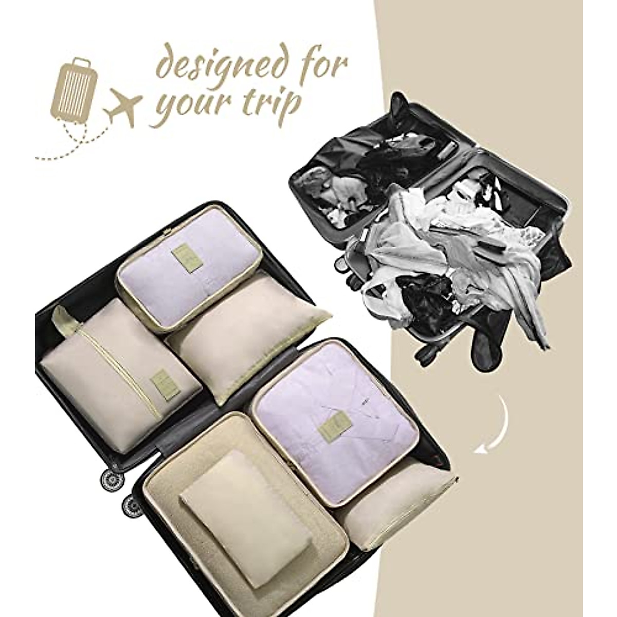 WOOMADA 7 Set Packing Cubes for Suitcases Travel Essentials Luggage Organizer for Travel Accessories Shoe Bag Tioletry Bag Laundry Bag(beige)