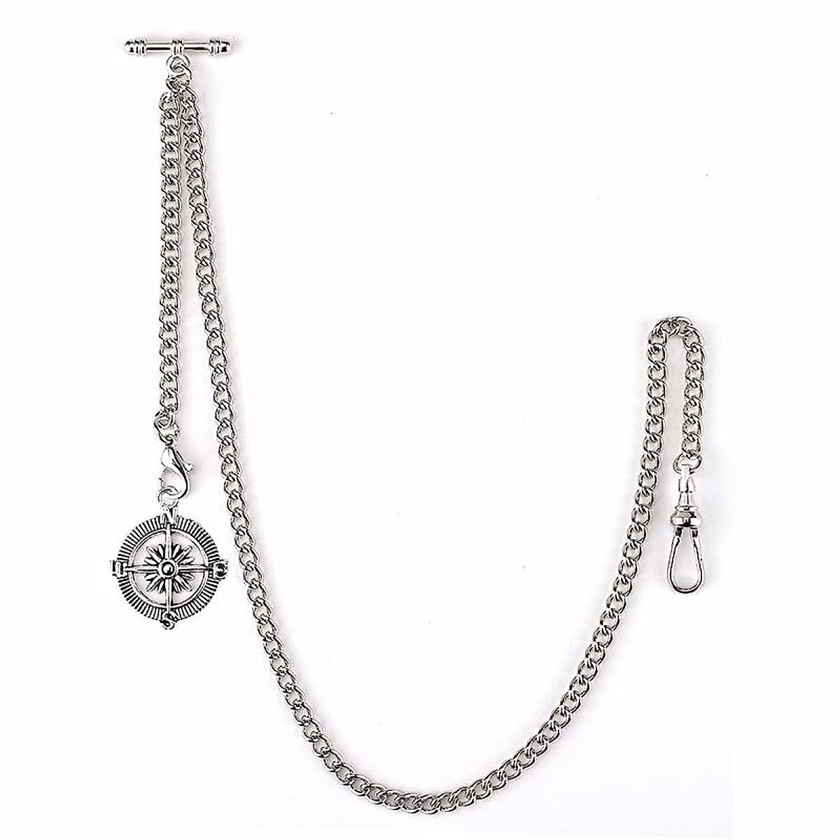 SIBOSUN Pocket Watch Albert Chain T Bar & Lobster Clasps Watch Chain Vest Chain for Men Curb Link Chain 2 Hooks with Antique Compass Pendant Design Charm Fob T-Bar Chain Silver