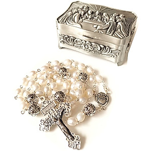 elegantmedical Bali 925 Sterling Silver 8-9mm Real Pearl Beads Catholic Rosary NECKLACE Cross