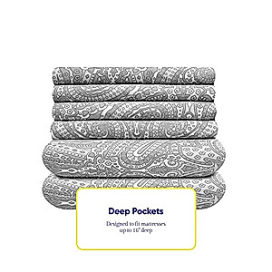Queen Sheets Paisley Grey - 6 Piece 1500 Supreme Collection Fine Brushed Microfiber Deep Pocket Queen Sheet Set Bedding - 2 Extra Pillow Cases, Great Value, Queen, Paisley Gray